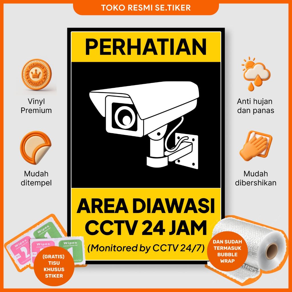 Jual Stiker Perhatian Area Ini Diawasi CCTV 24 Jam - Sticker CCTV 24 Jam - Stiker CCTV - Vinyl ...