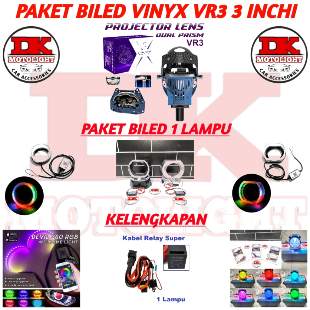 Jual Paket Lengkap Full Set 1 Lampu Projector BILED Vinyx VR3 Dual ...