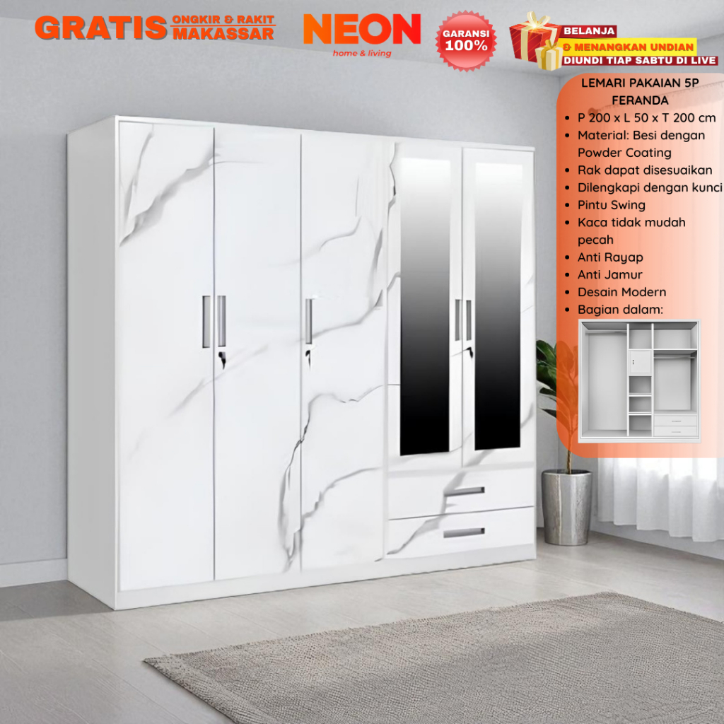 Jual NEON Lemari Pakaian Besi Feranda 5 Pintu Minimalis Anti Rayap ...