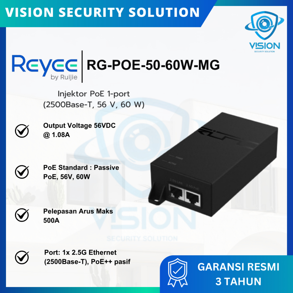 Jual Ruijie Reyee RG-POE-50-60W-MG Injektor Poe 1 Port 2500Base-T 56V ...