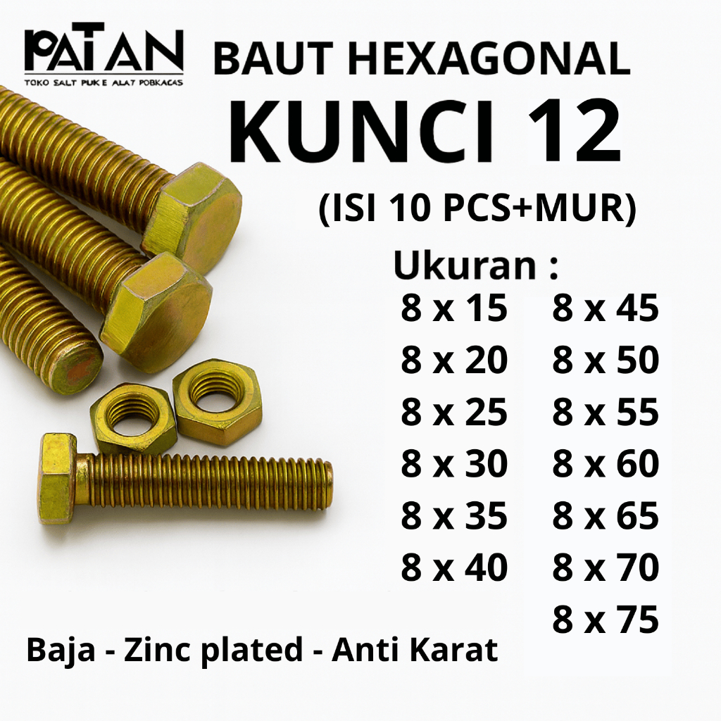 Jual [ISI 10 PCS] Baut dan Mur Besi M8 (Panjang 15-75) Kuning Kunci 12 ...