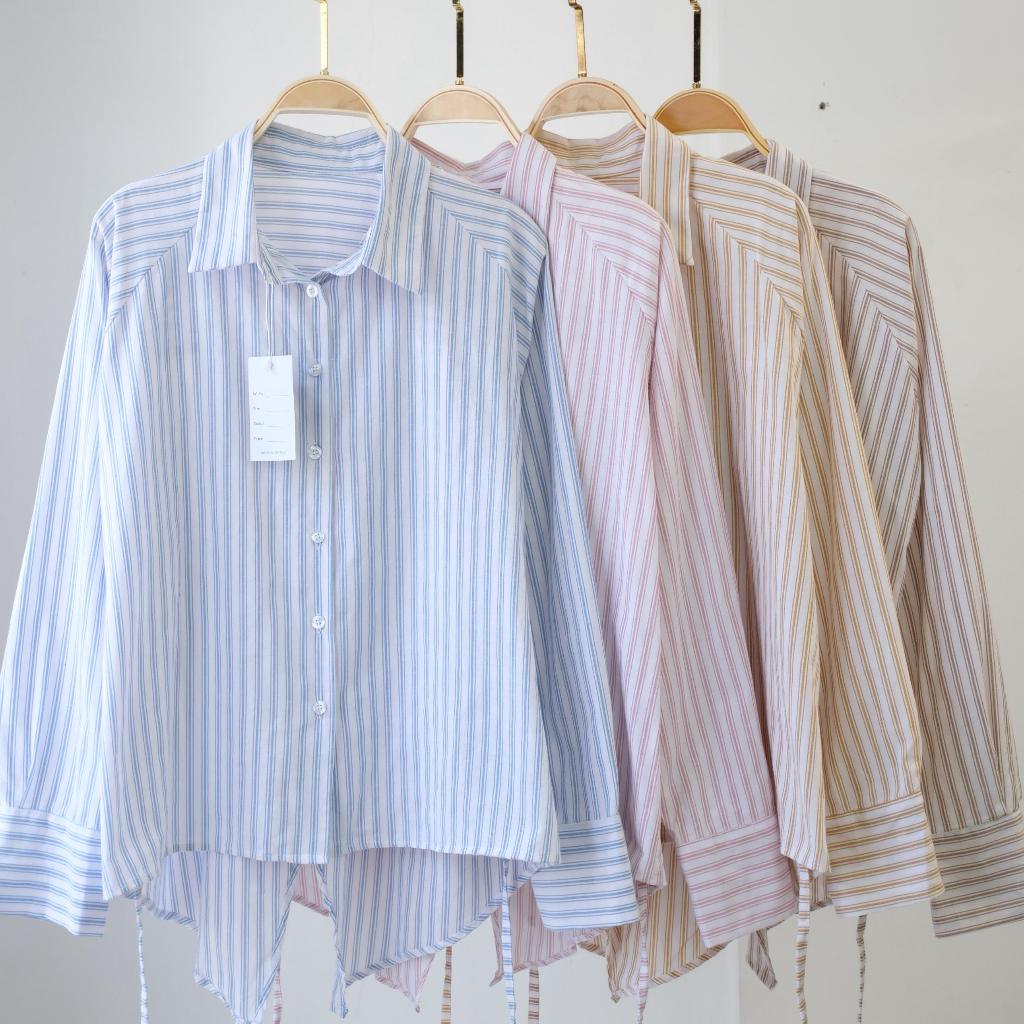 Jual Kemeja Salur Wanita Lengan Panjang Korean / Katun Yanded Stripe Salur / Atasan Salur Wanita ...
