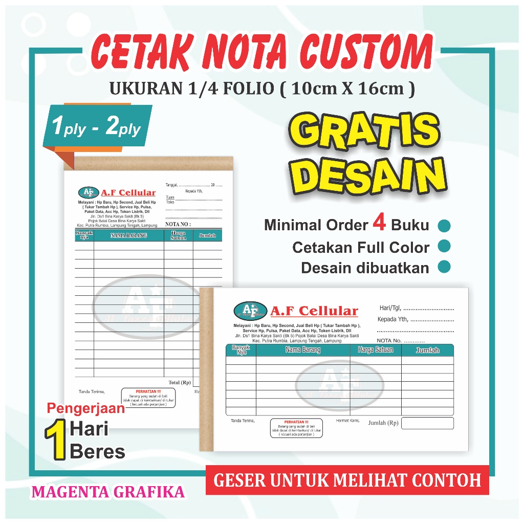 Jual Cetak Nota Custom 1 HARI JADI 2 Ply NCR 1/4 Folio GRATIS DESAIN ...