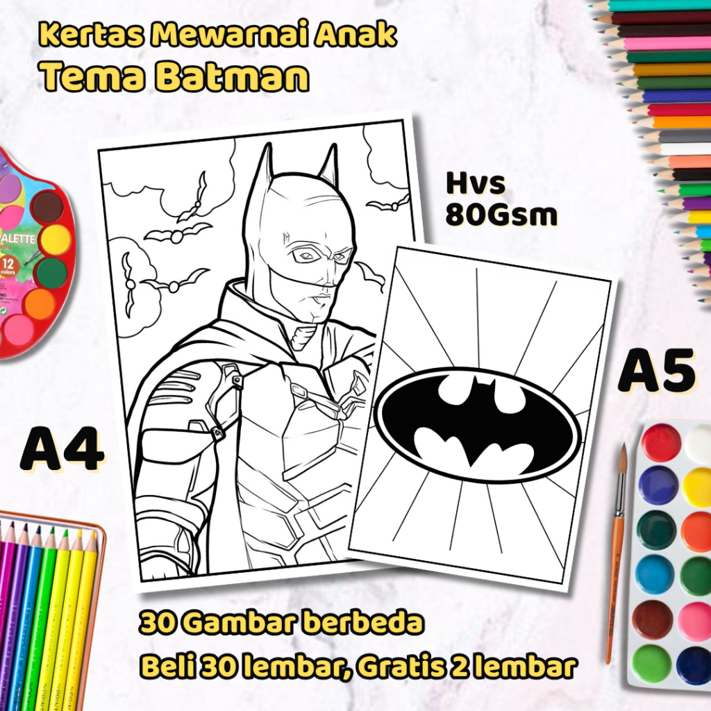 Jual 30 Lembar Kertas Mewarnai Anak / Coloring / Sketsa Tema Batman ...
