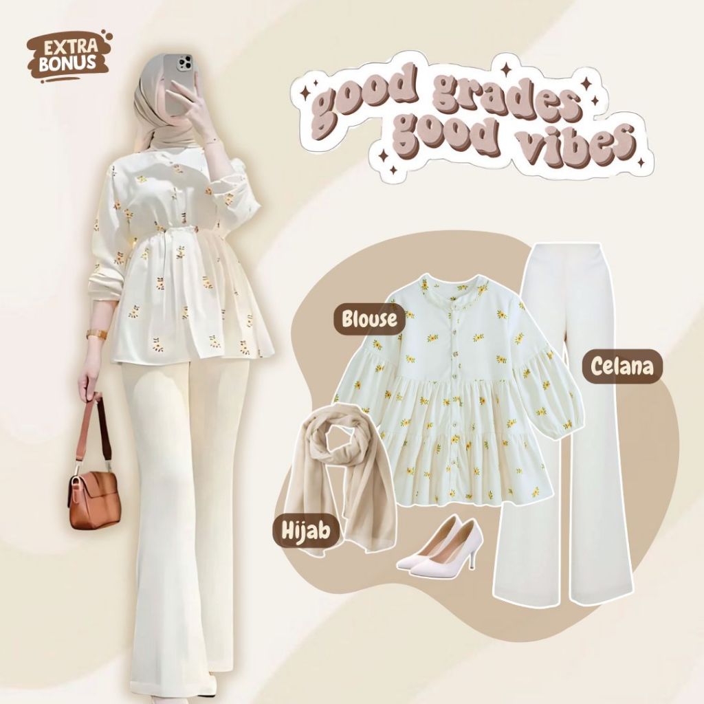 Jual One set 3in1 Blouse Celana Cutbray Hijab Segi Empat Bella | OOTD outfit wanita cewek anak ...