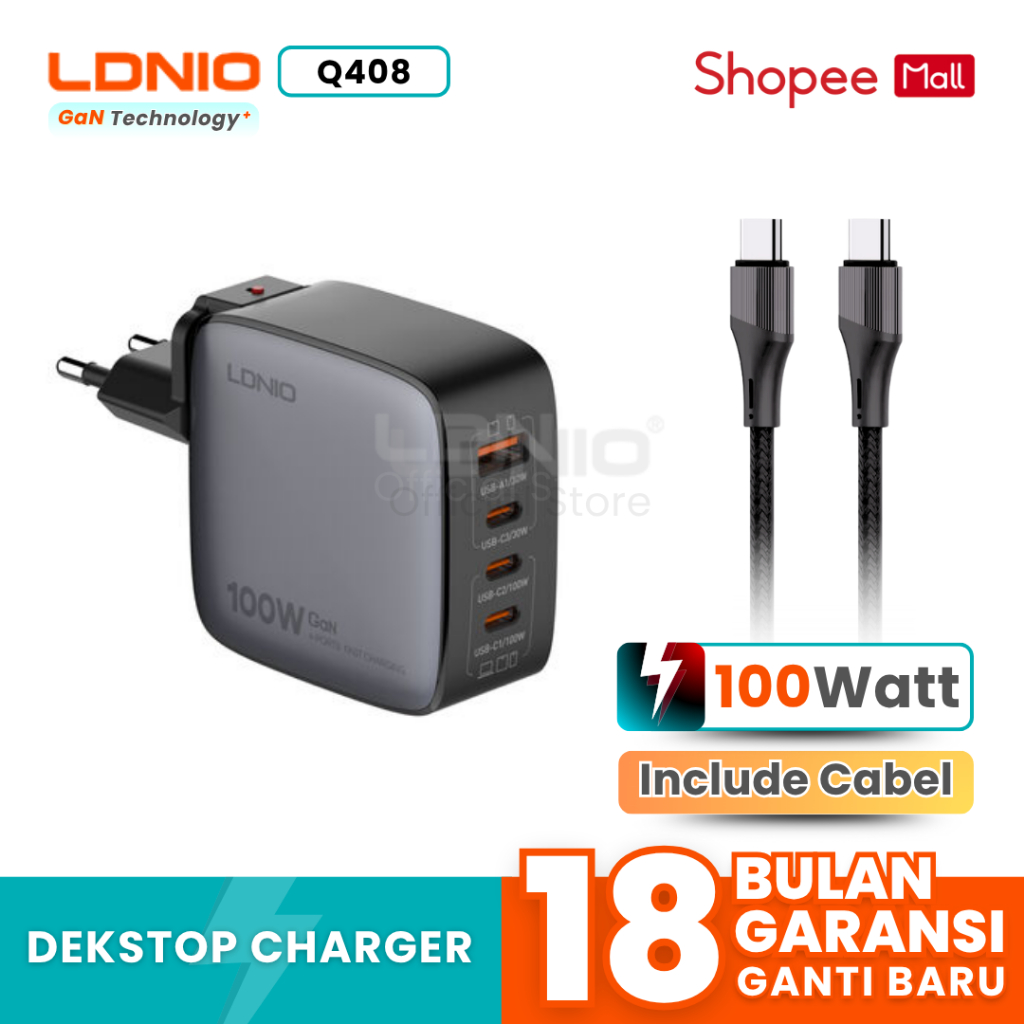 Jual LDNIO Q408 Desktop Charger 100W Super Fast Charging Travel Adaptor 4 Port USB PD USB-A 3 ...