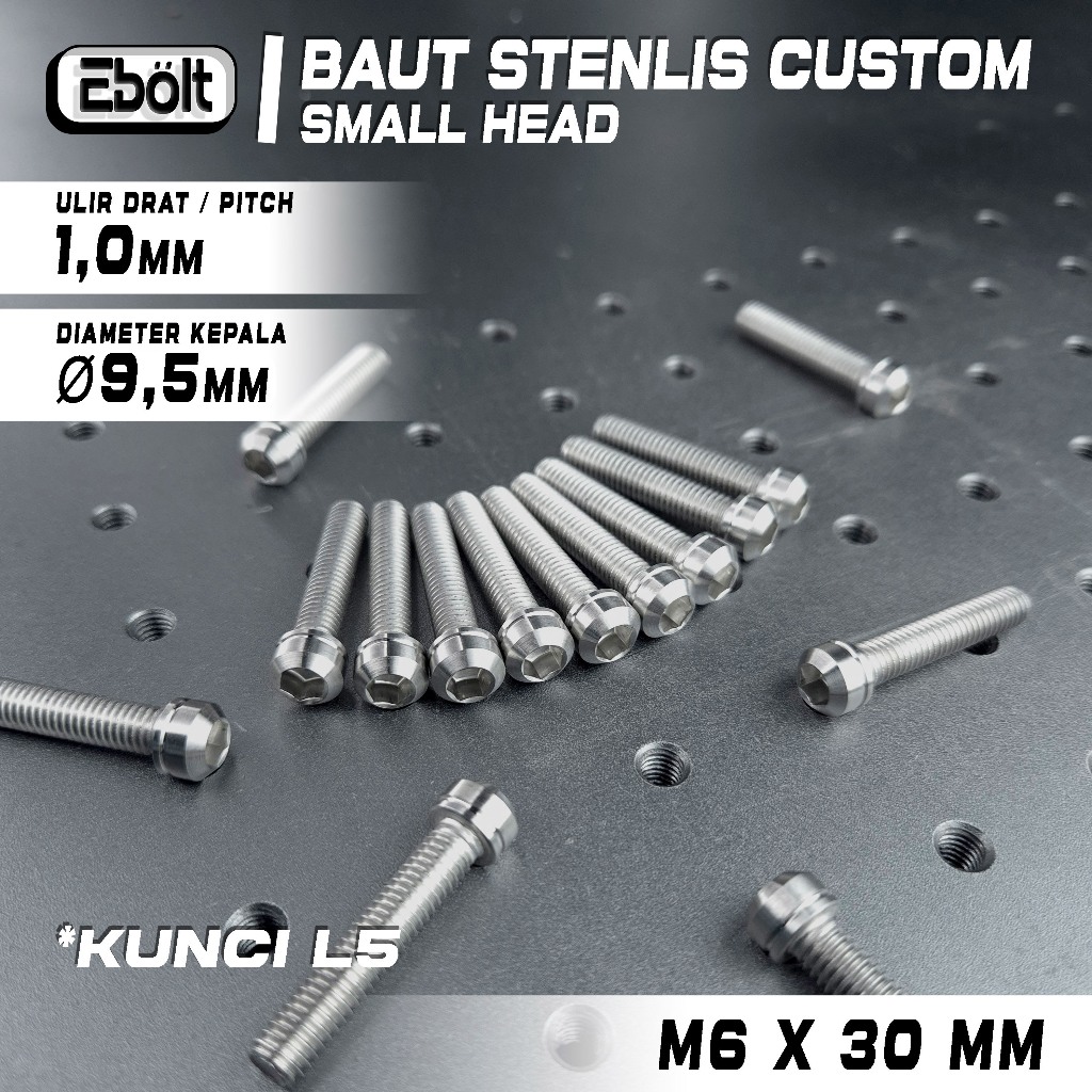 Jual BAUT STENLIS BAUD STAINLESS STEEL CUSTOM SMALL HEAD BAUT STAINLESS M6 PANJANG 30 MM PITCH 1 ...