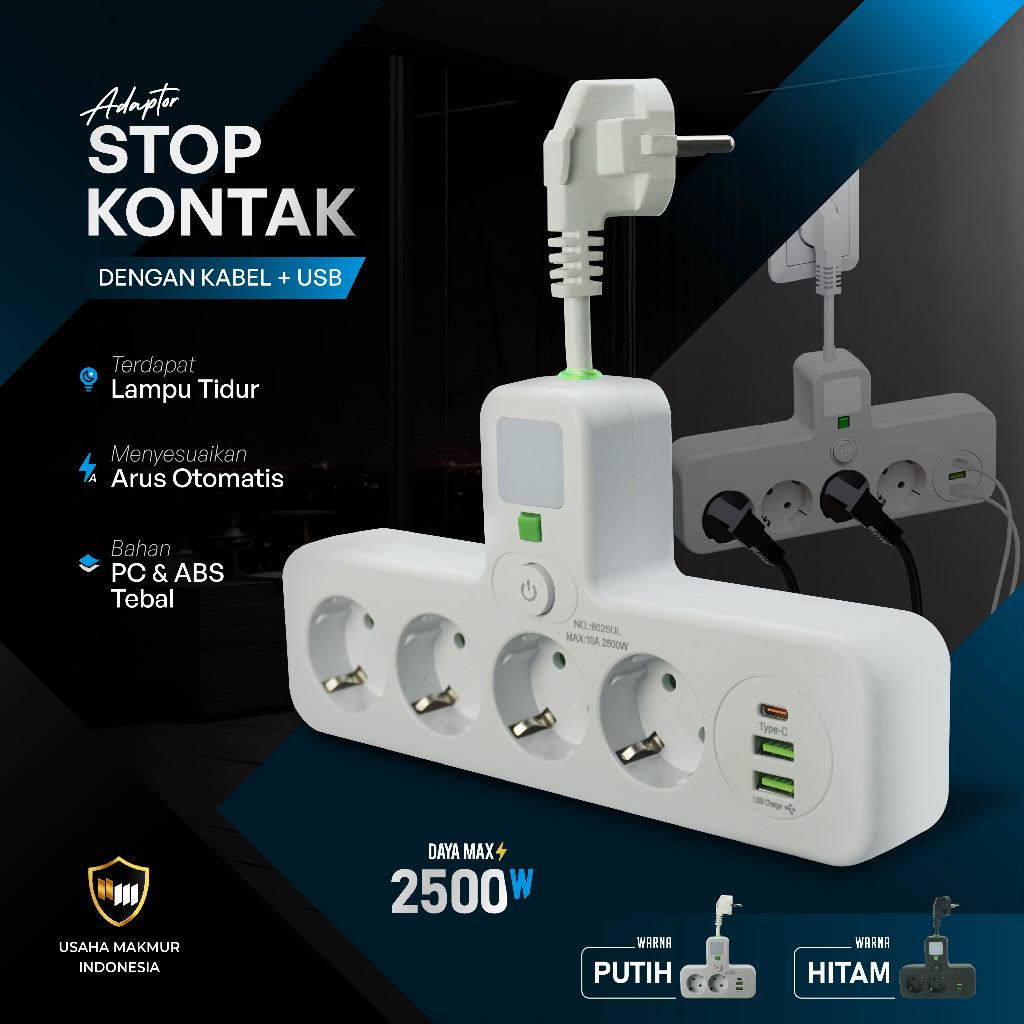 Jual PowerPort 2500W Power Strip Power Socket Usb Charger usb power 2 3 4 Colokan Fitur Cas USB ...