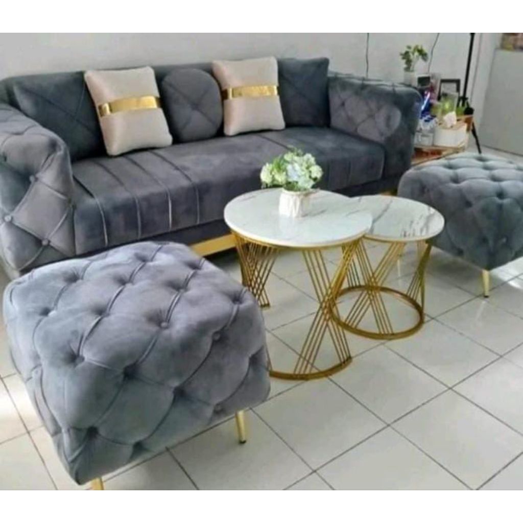 Jual sofa ruang tamu sofa kancing Seater 3+puk kotak2 +meja | Shopee ...