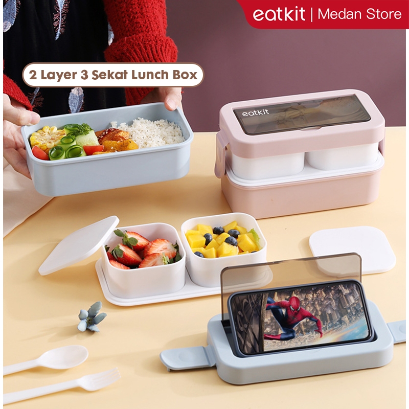 Jual [Medan Ready Stock] Eatkit Lunch Box Set 2 Tingkat 1250ml Sauce Cup Anti tumpah Free Sendok ...
