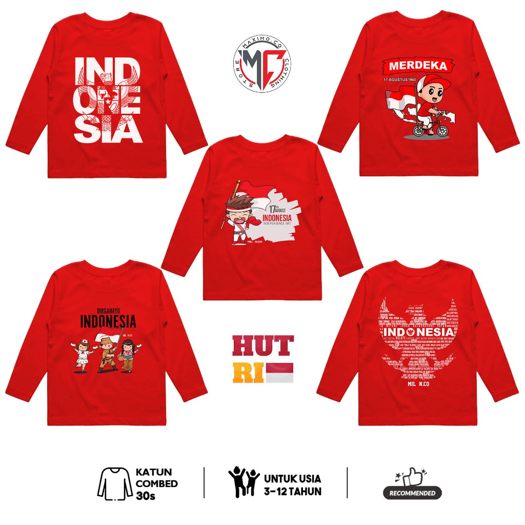 Jual MAXIMO.CO Kaos anak kemerdekaan 17 Agustus lengan panjang merah usia 4-12 tahun bahan katun ...