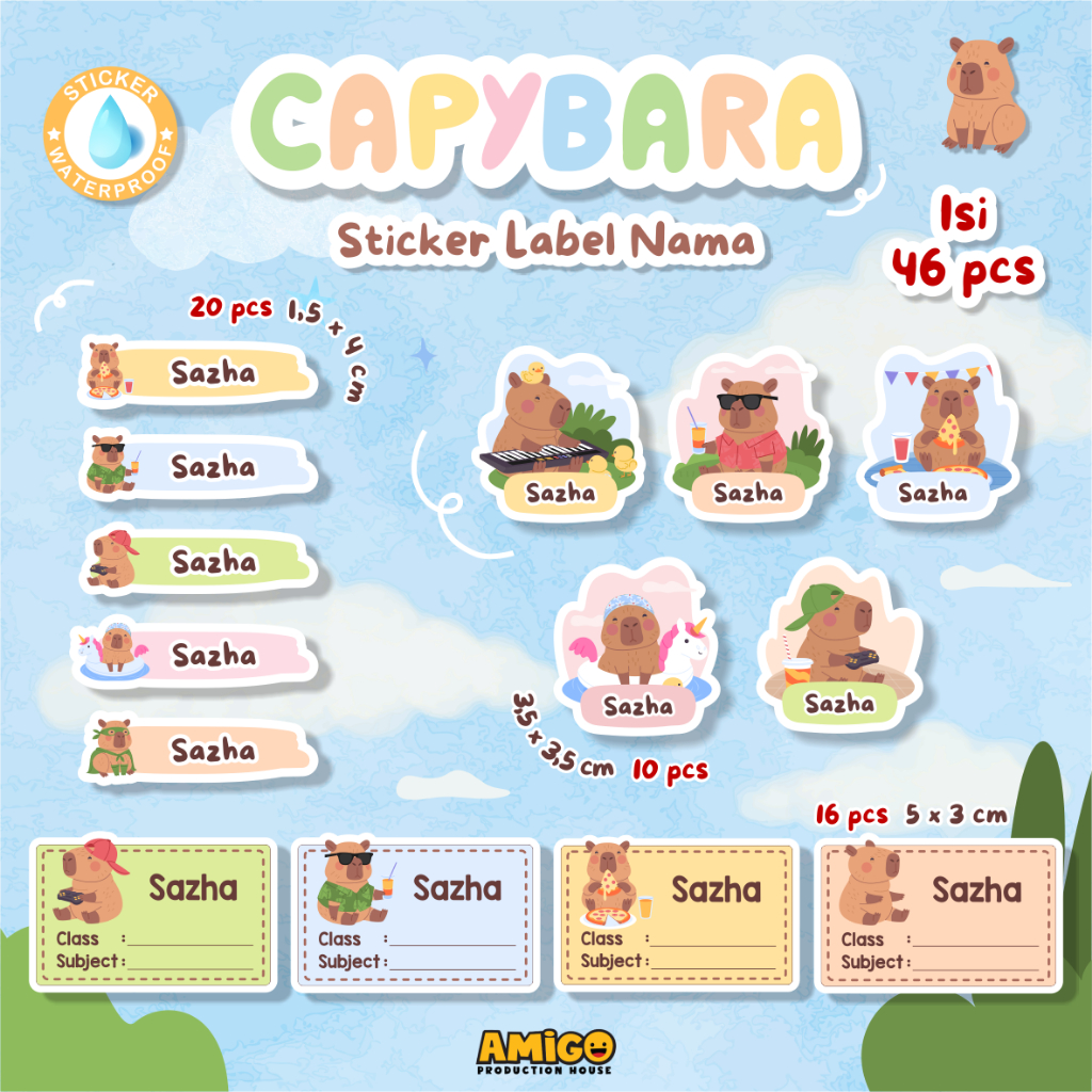 Jual Stiker Label Nama Capybara 46pcs Sticker Label Anak Anti Air ...