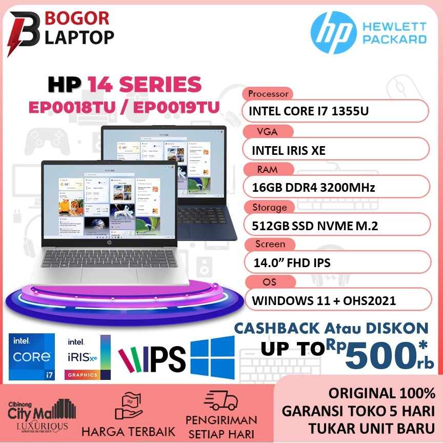 Jual HP 14 I7 1355 16GB 512GB W11+OHS 14.0FHD IPS BLIT FP 2Y BLU ...