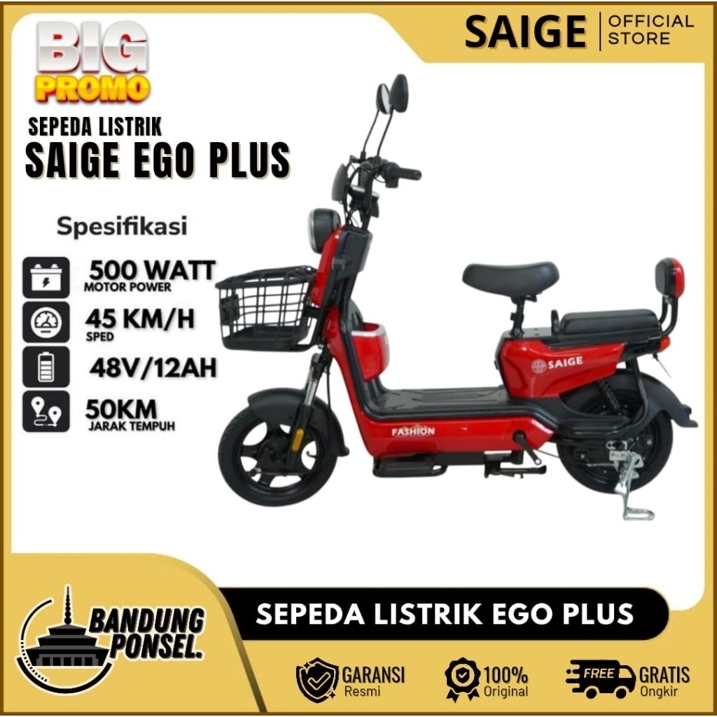 Jual SEPEDA LISTRIK PREMIUM SAIGE EGO PLUS NFC 500WATT GARANSI RESMI ...