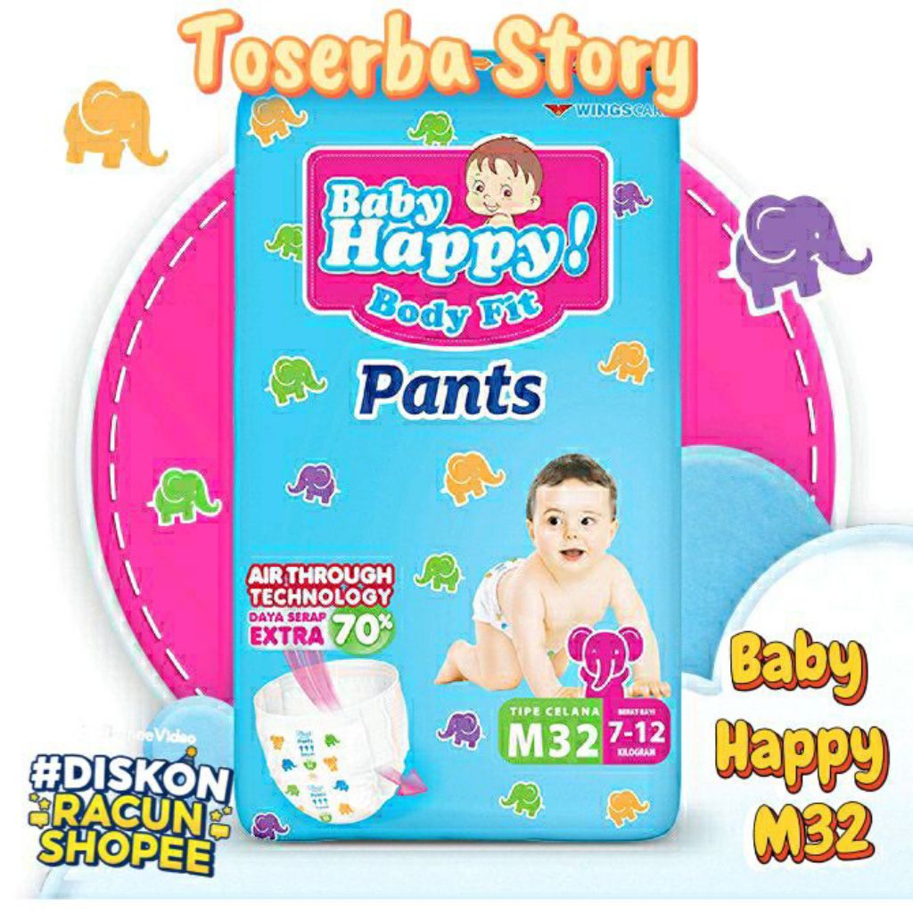 Jual Baby Happy Pants Body Fit Popok Bayi Size M32 Tipe Celana 1Ball Kualitas Bagus | Shopee ...
