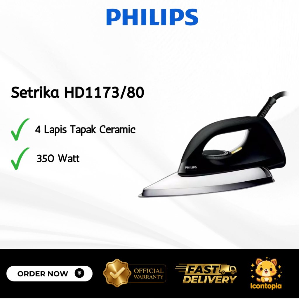 Jual Philips Setrika kering HD1173/80 Hitam, Ceramic 4 Lapis, Anti ...