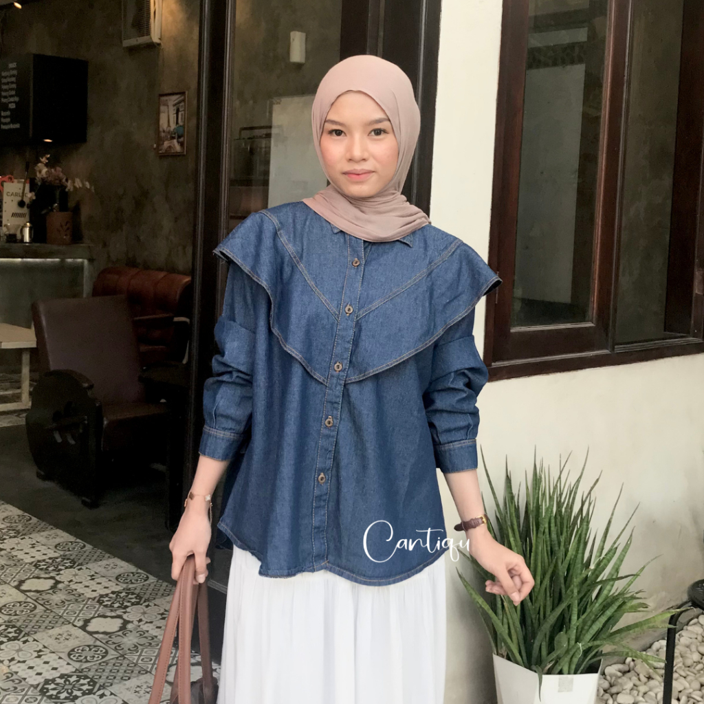Jual Cantiqu Kemeja Jeans Kalisha Atasan Wanita Ruffle Bahan Denim Biru ...