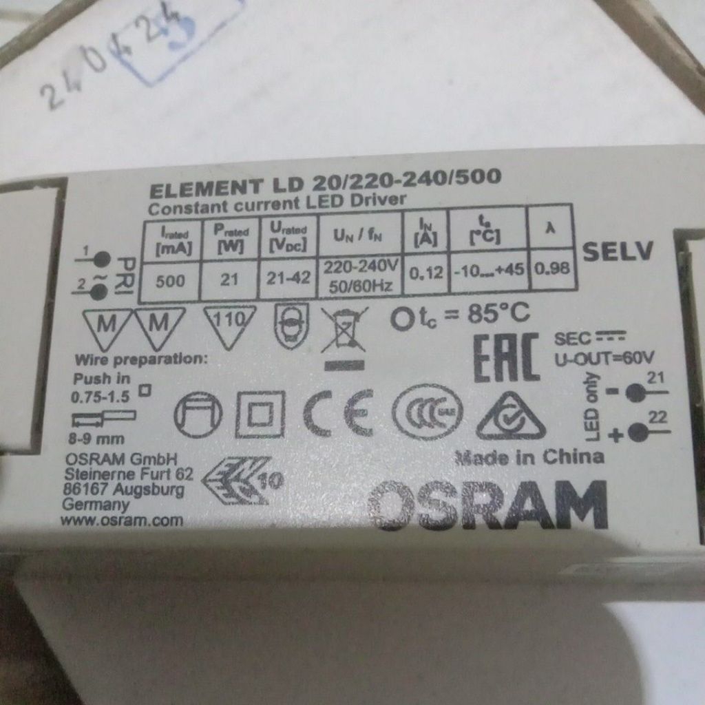 Jual LED power supply 20w 60v Osram Led Driver Element LD 20/220-240/ ...