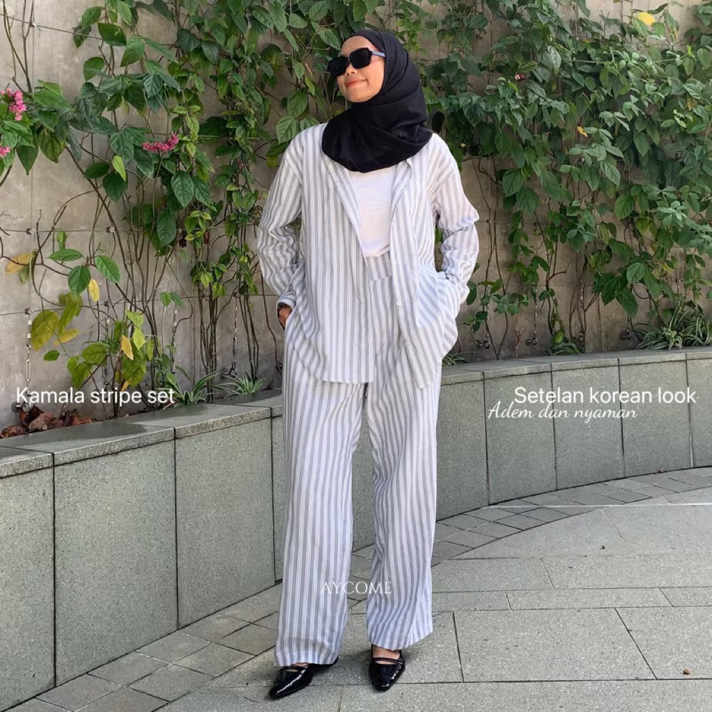 Jual Setelan Wanita Korea Kamala Stripe – One Set wanita kekinian Stripe shirt kemeja Oversize ...