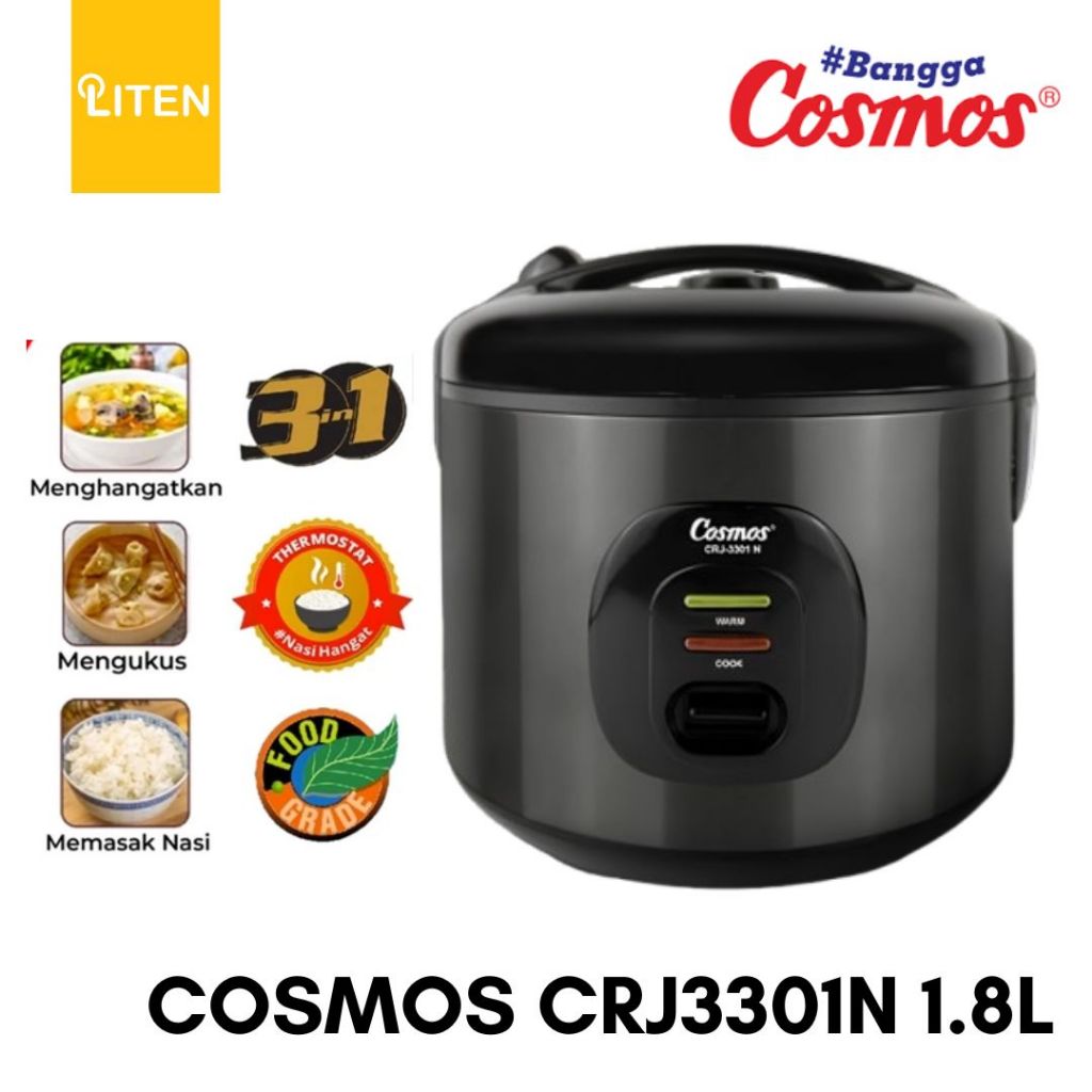 Jual COSMOS CRJ3301N Black Hitam / Rice Cooker 1.8L Non Stick 400w ...