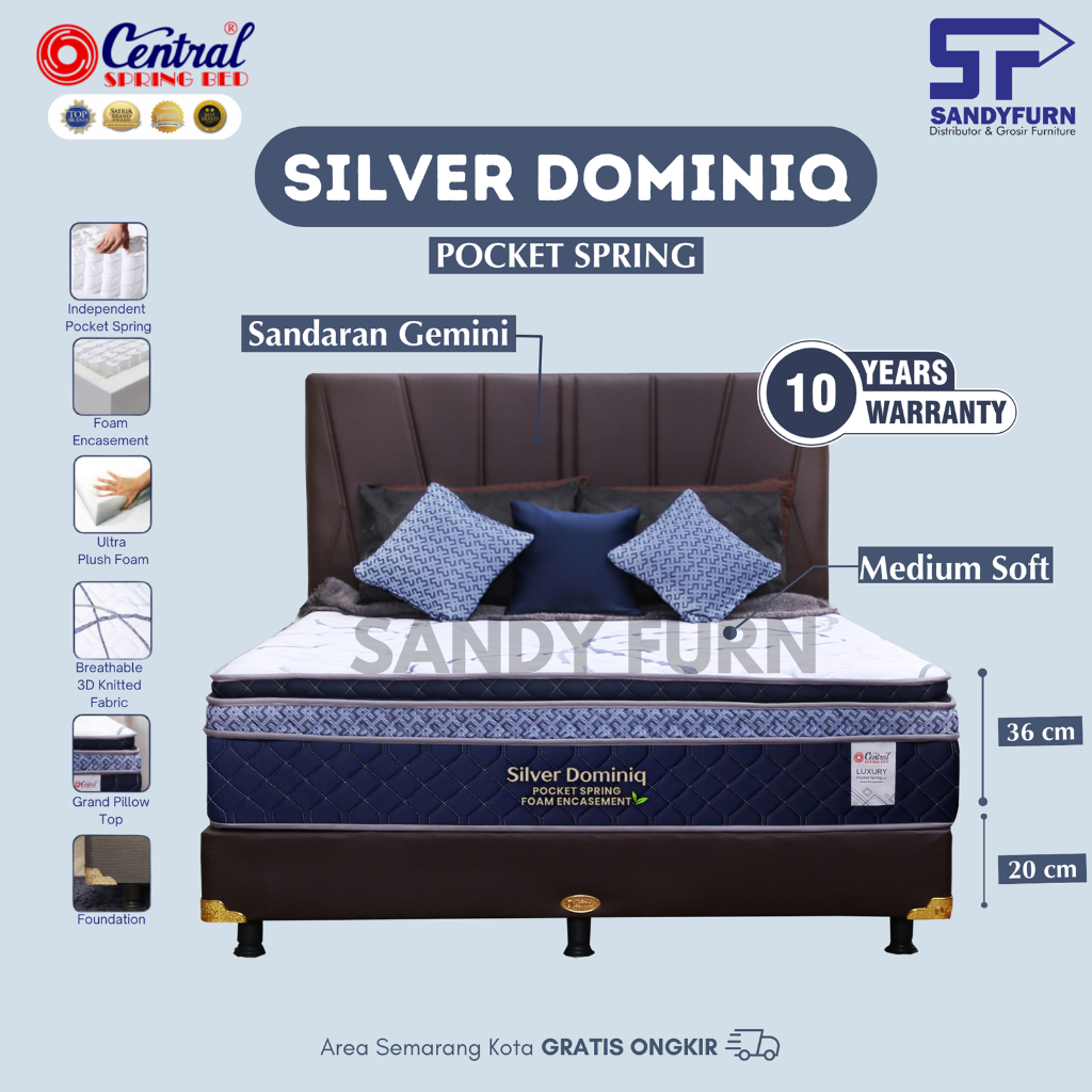 Jual CENTRAL Spring Bed - SILVER DOMINIQ Pocket Spring With Foam Encasement - Semua Ukuran ...