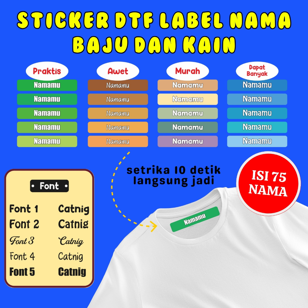 Jual Sticker Nama Label Baju Isi 75 Pcs Untuk Kaos Sablon Setrika ...