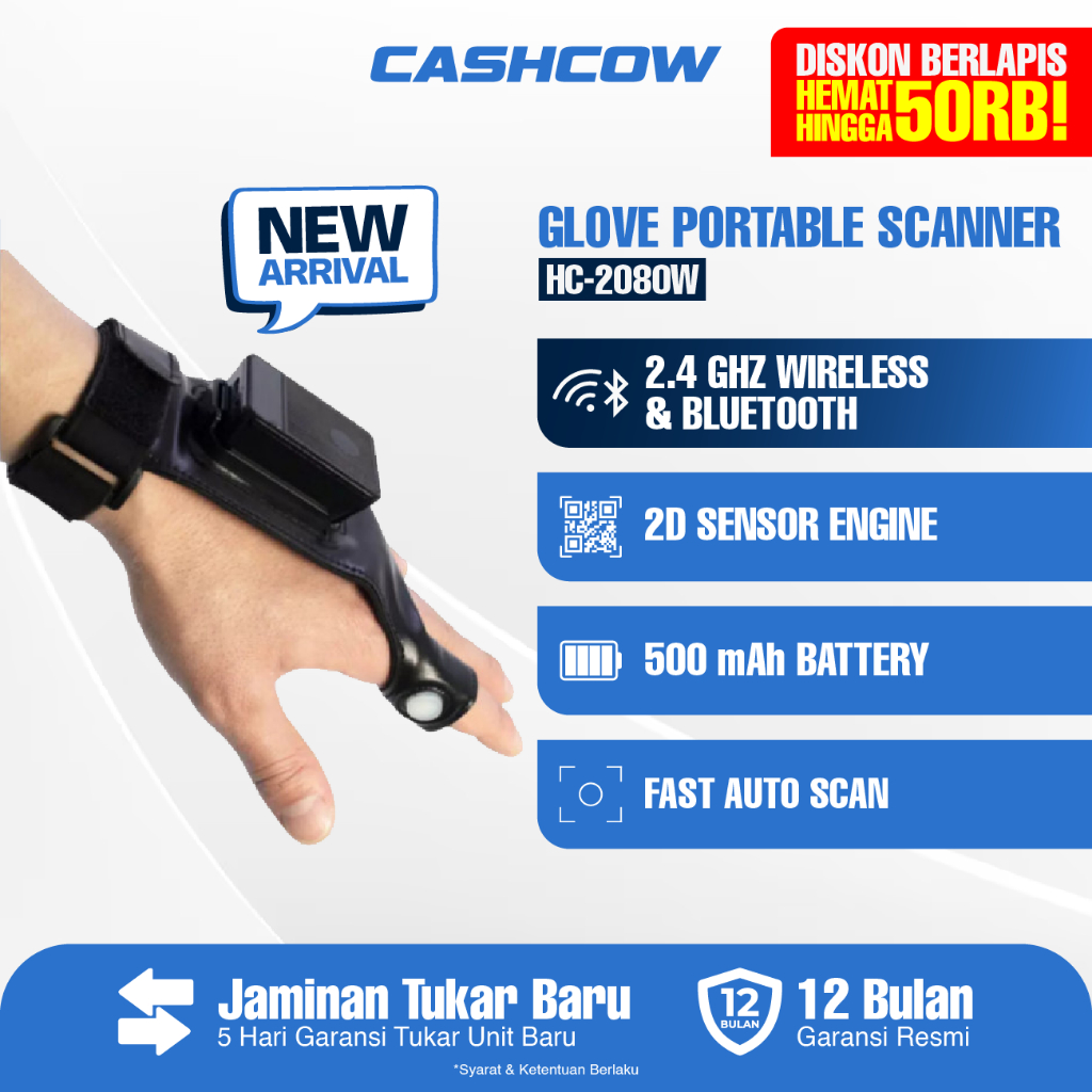 Jual Barcode Glove Scanner 1D 2D Portable Wireless Bluetooth HC-2080W ...
