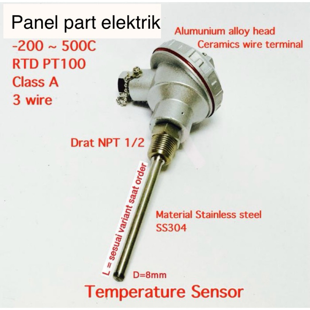 Jual Head 1/2" NPT Thermocouple Tipe RTD PT100 uk. 8 x 500mm / Terminal ...