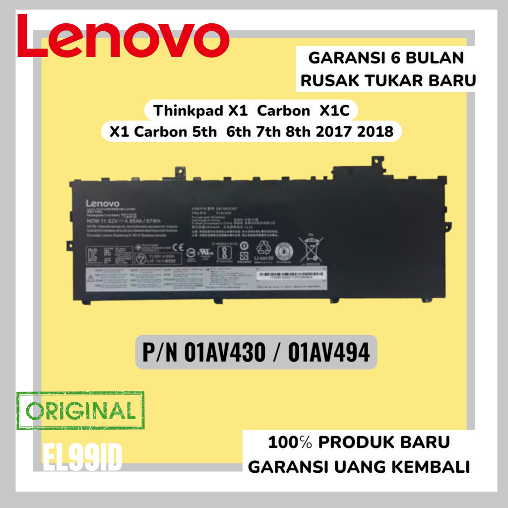 Jual Baterai Lenovo Thinkpad X1 Carbon Gen6 Gen5 Gen7 2018 2017 01AV494 ...