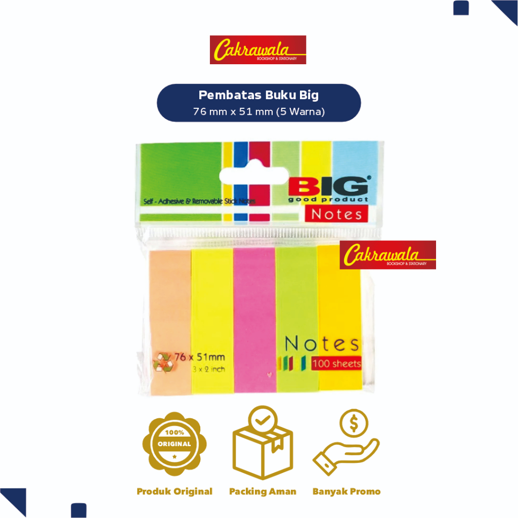 Jual BIG Notes Pembatas Buku 5 Warna 76x51 | Sticky Notes Tipis | Index ...