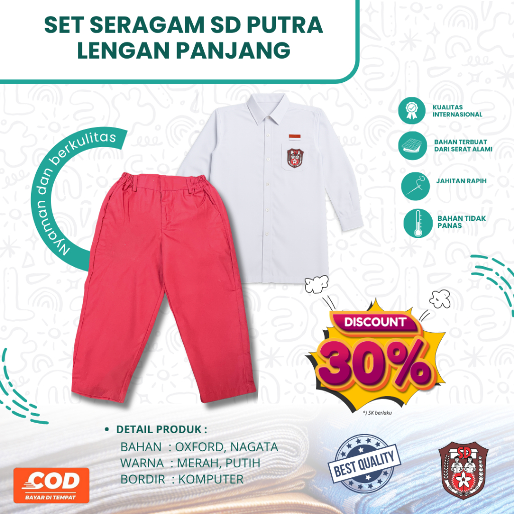 Jual SERAGAM SD LENGKAP | SERAGAM SD PUTRA | SERAGAM ATASAN KEMEJA PANJANG | SERAGAM BAWAHAN ...