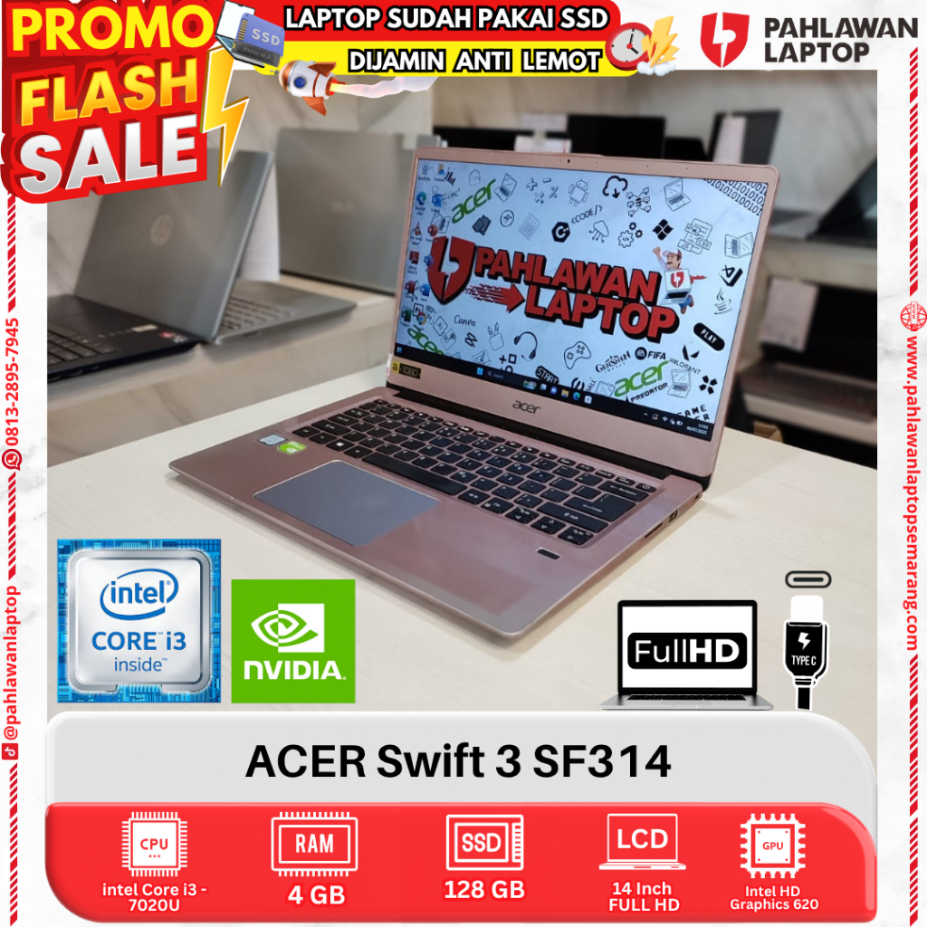 Jual LAPTOP ACER Swift 3 SF314 PINK Core i3 GEN 7 RAM 4GB SSD 128GB ...