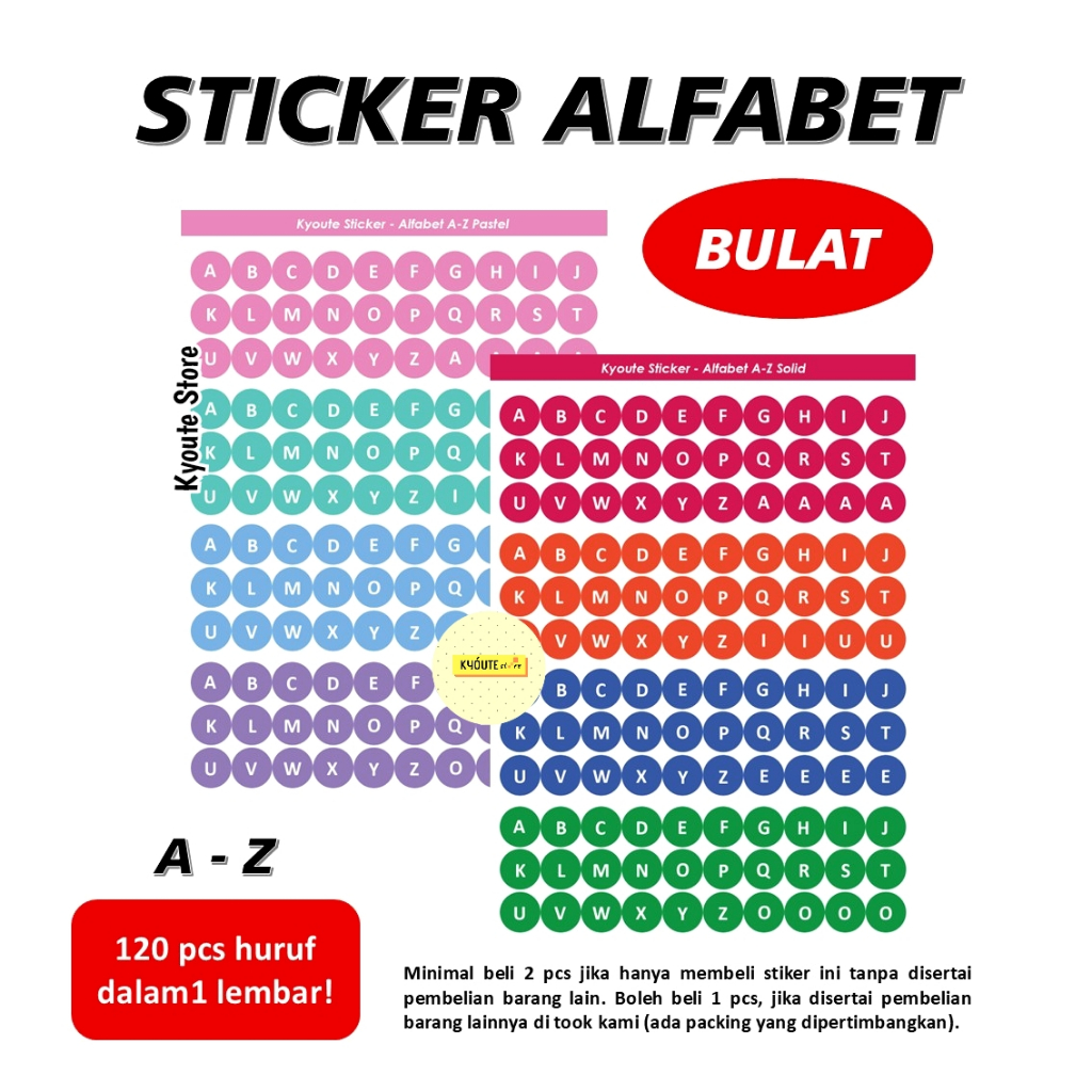 Jual Sticker Huruf Alfabet A-Z Bulat 120pcs | Vinyl Waterproof | Stiker ...