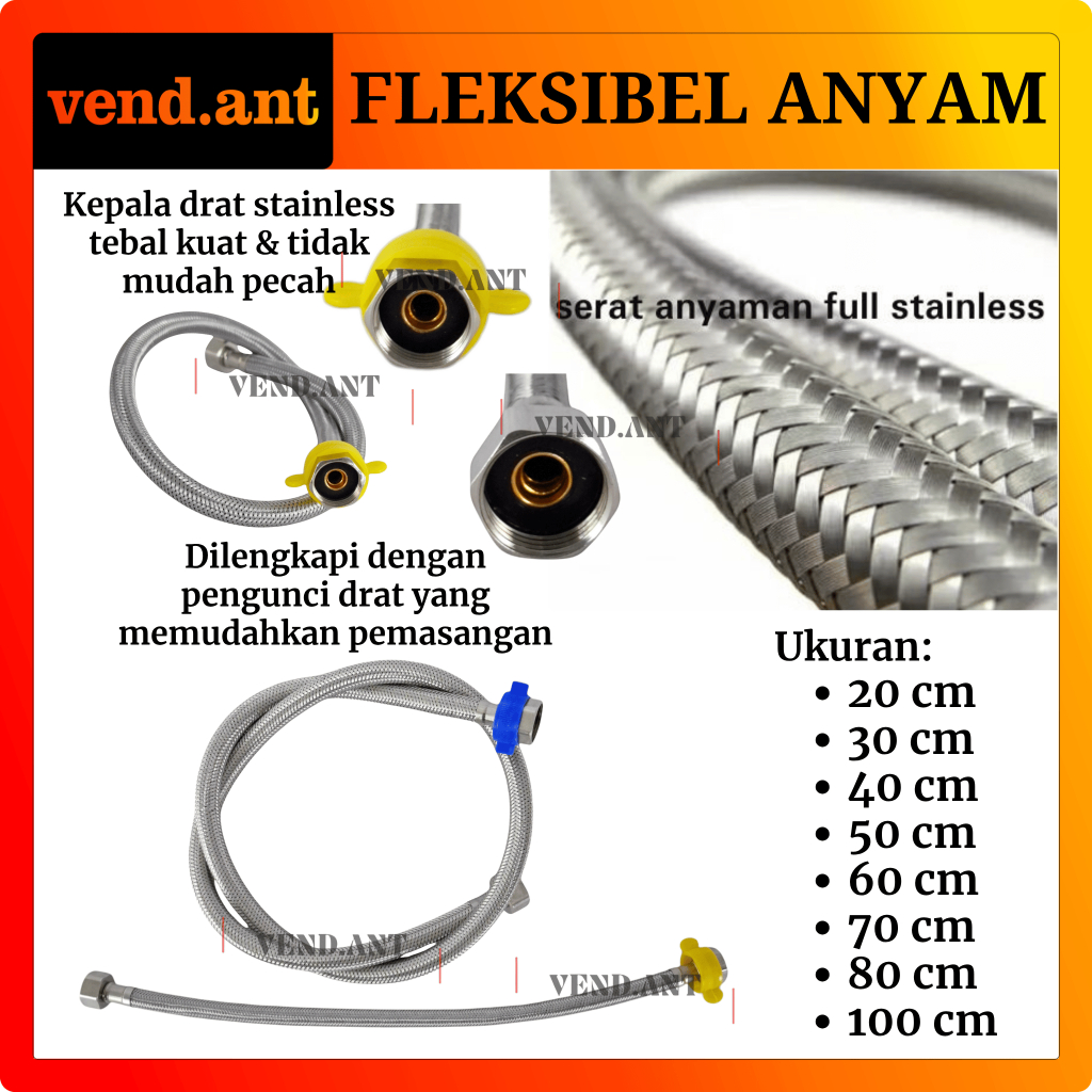 Jual Selang Fleksibel Flexible Anyam Stainless Wastafel Kloset Kamar Mandi 20 30 40 50 60 70 80 ...