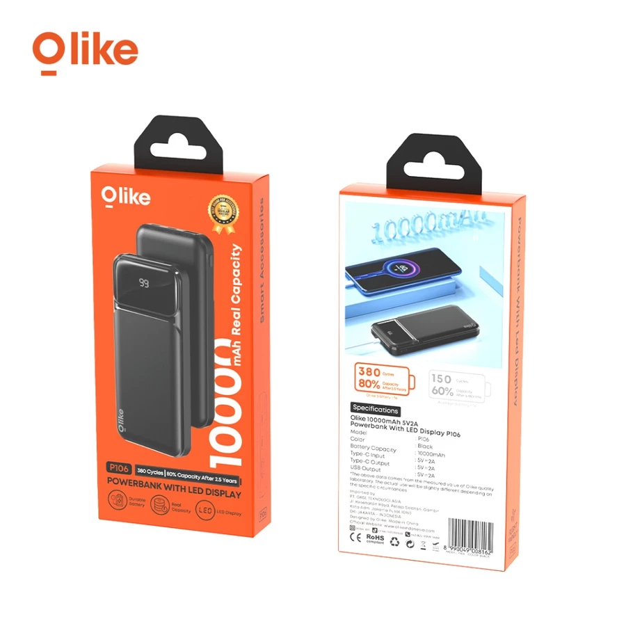 Jual OLIKE Powerbank P106 10000mAh 5V 2.4A Built in Cable with LED ...