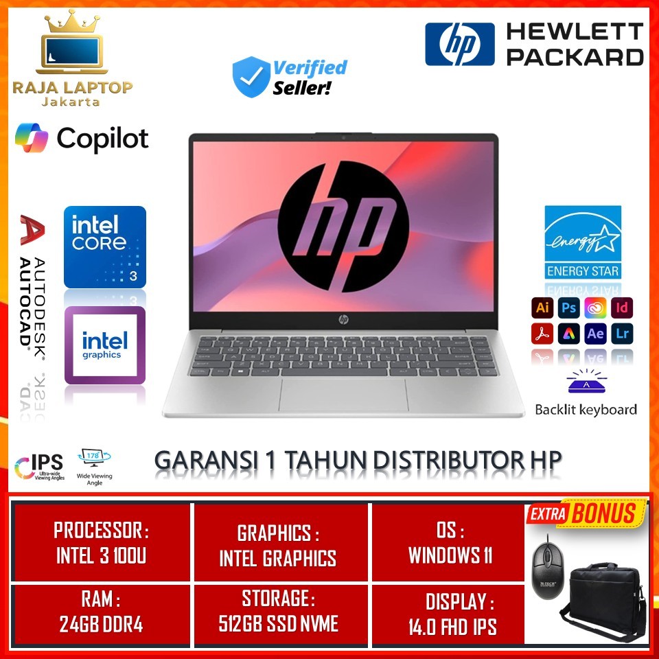 Jual Laptop Slim HP 14s Intel Core 3 100U Ram 24GB SSD 512GB 14.0 Fhd ...