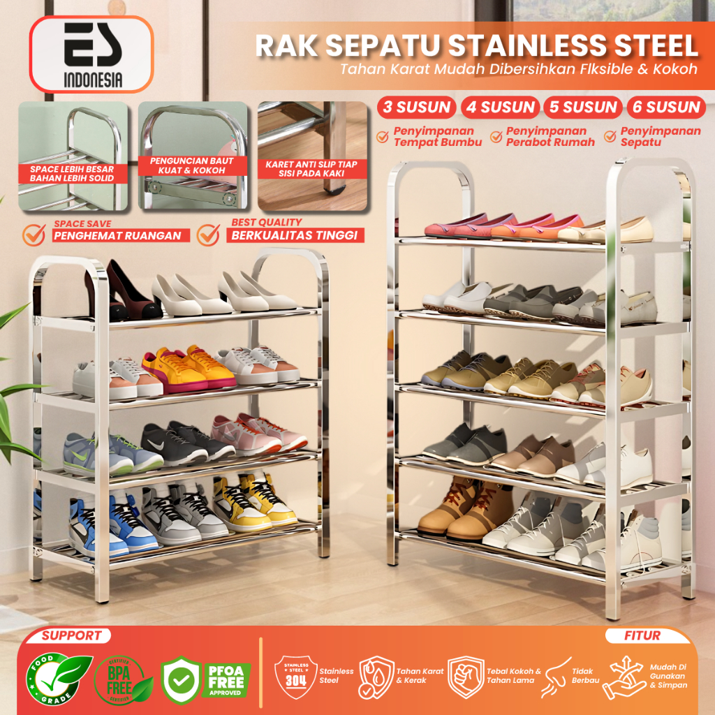 Jual ESINDO Rak Sepatu Sandal Susun 3/4/5/6 Stainless Steel Tebal ...