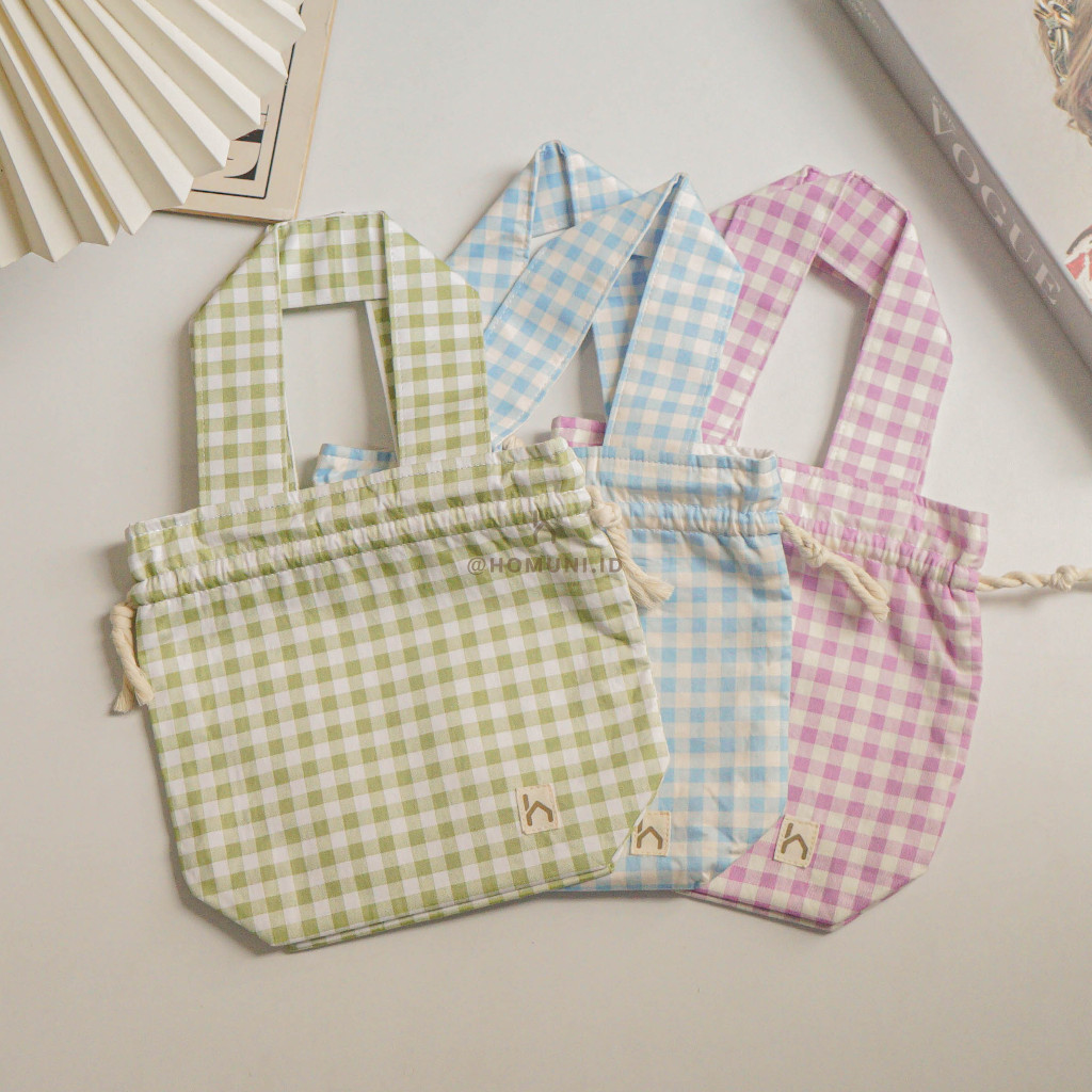 Jual Tas Serut Kain Motif Kotak-Kotak Gingham/Tas Kain Katun Serbaguna ...