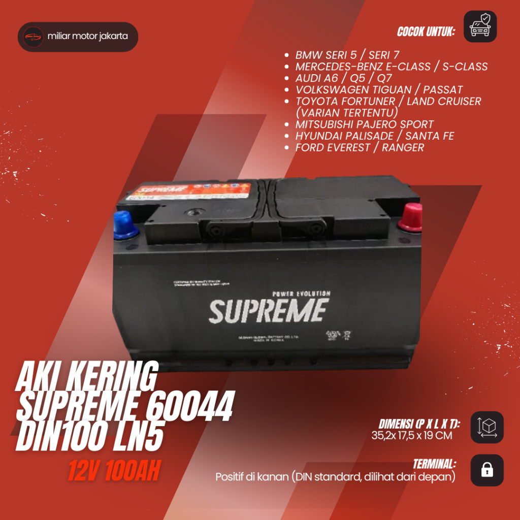 Jual Aki Kering Supreme 60044 DIN100 LN5 12V 100Ah Mercedes Benz Hyundai Palisade BMW | Shopee ...