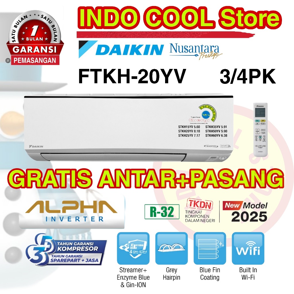 Jual Ac Daikin Alpha Inverter 3/4pk FTKH20-YV (Wifi) | Shopee Indonesia