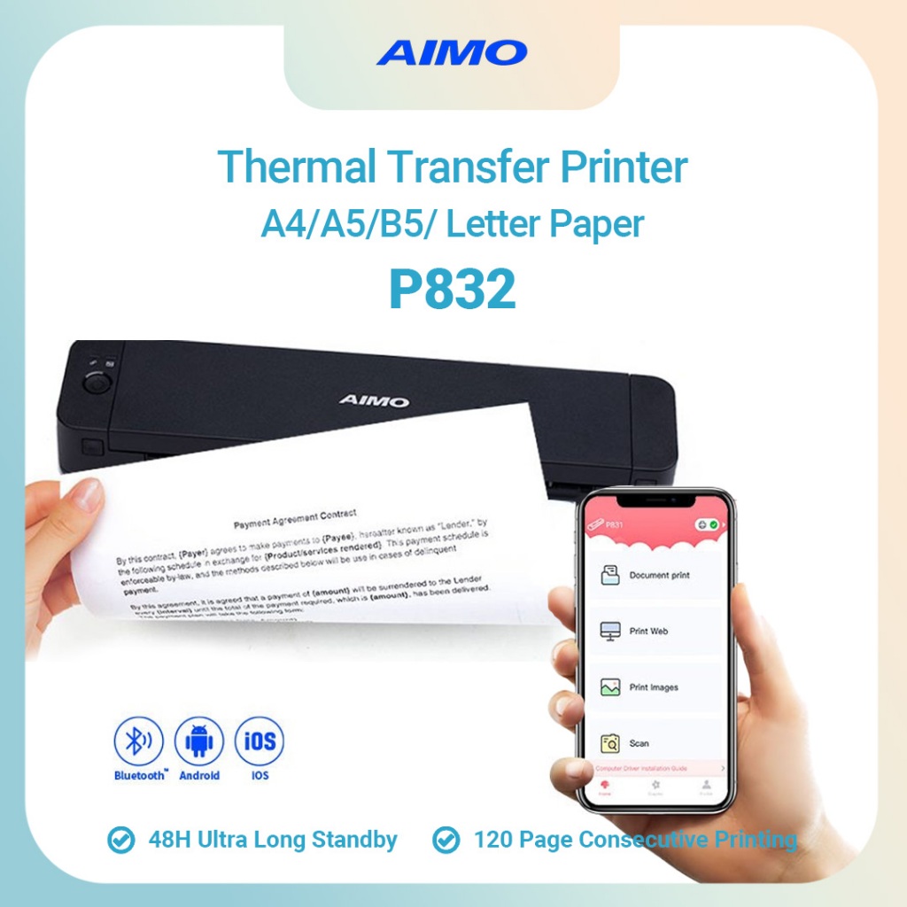 Jual AIMO P832 Portable Thermal Printer A4/A5/B5/Letter HVS Compact Bisnis Printer Inkless Tanpa ...