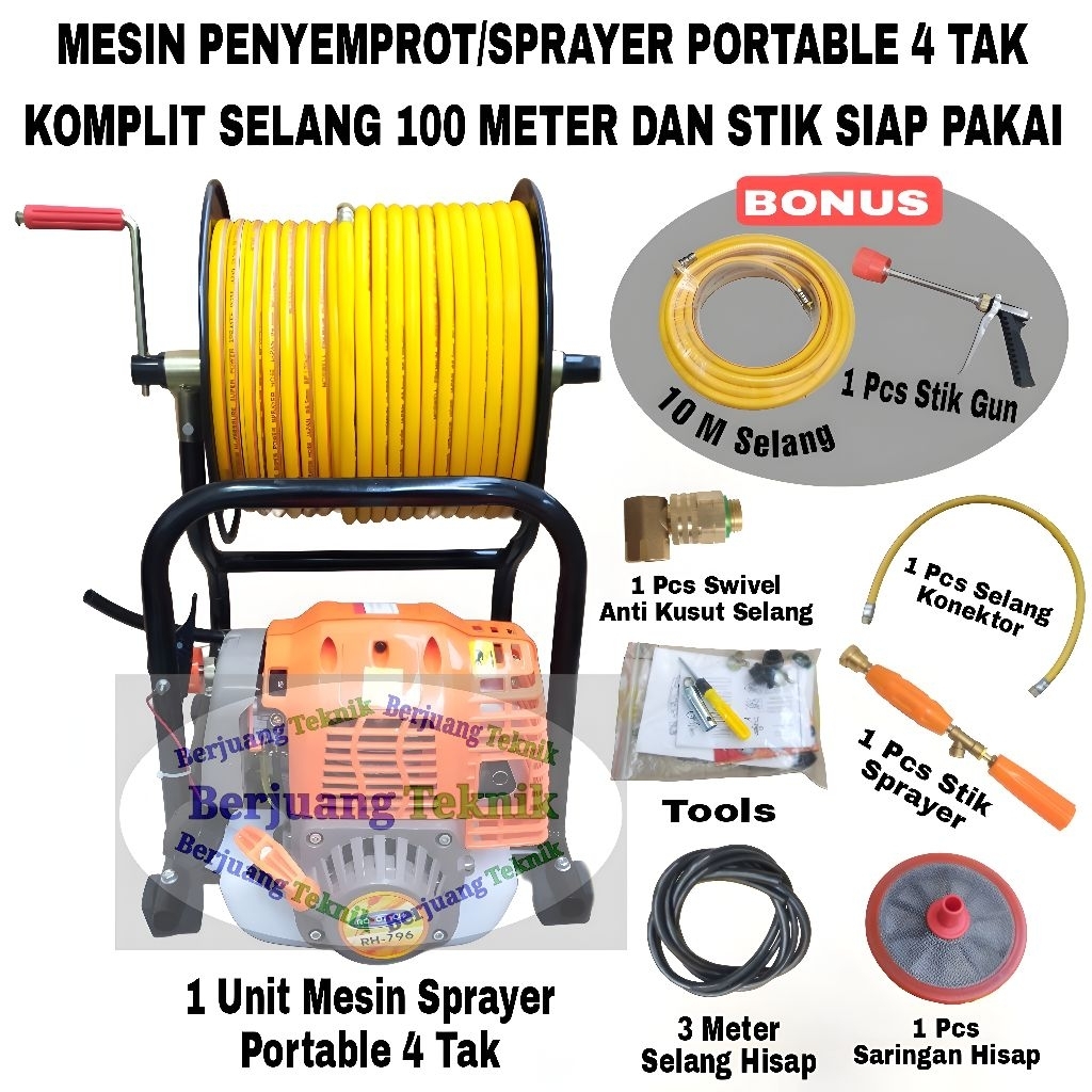 Jual Mesin Sprayer Portable 4 Tak Komplit Selang 100 Meter dan Gulungan ...
