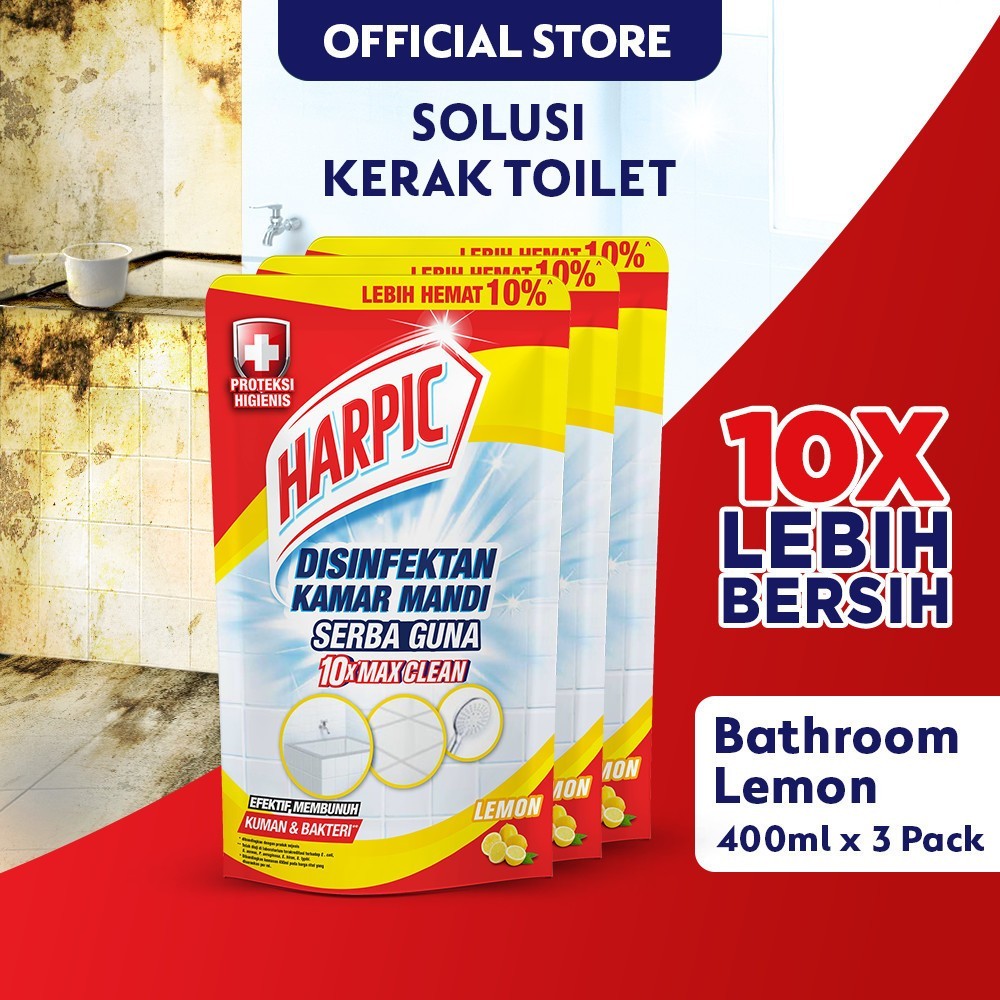Jual Harpic Bathroom Lemon Pouch 400 ml x 3 - Pembersih Permukaan Kamar ...