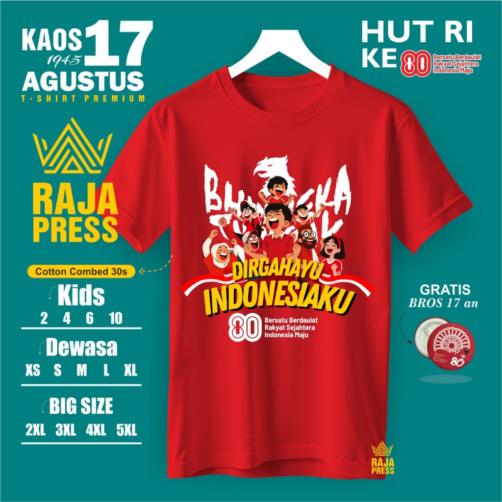 Jual BAJU KAOS 17 AGUSTUS 2025 HUT RI KE 80 DIRGAHAYU KEMERDEKAAN INDONESIA MERAH ANAK DEWASA ...