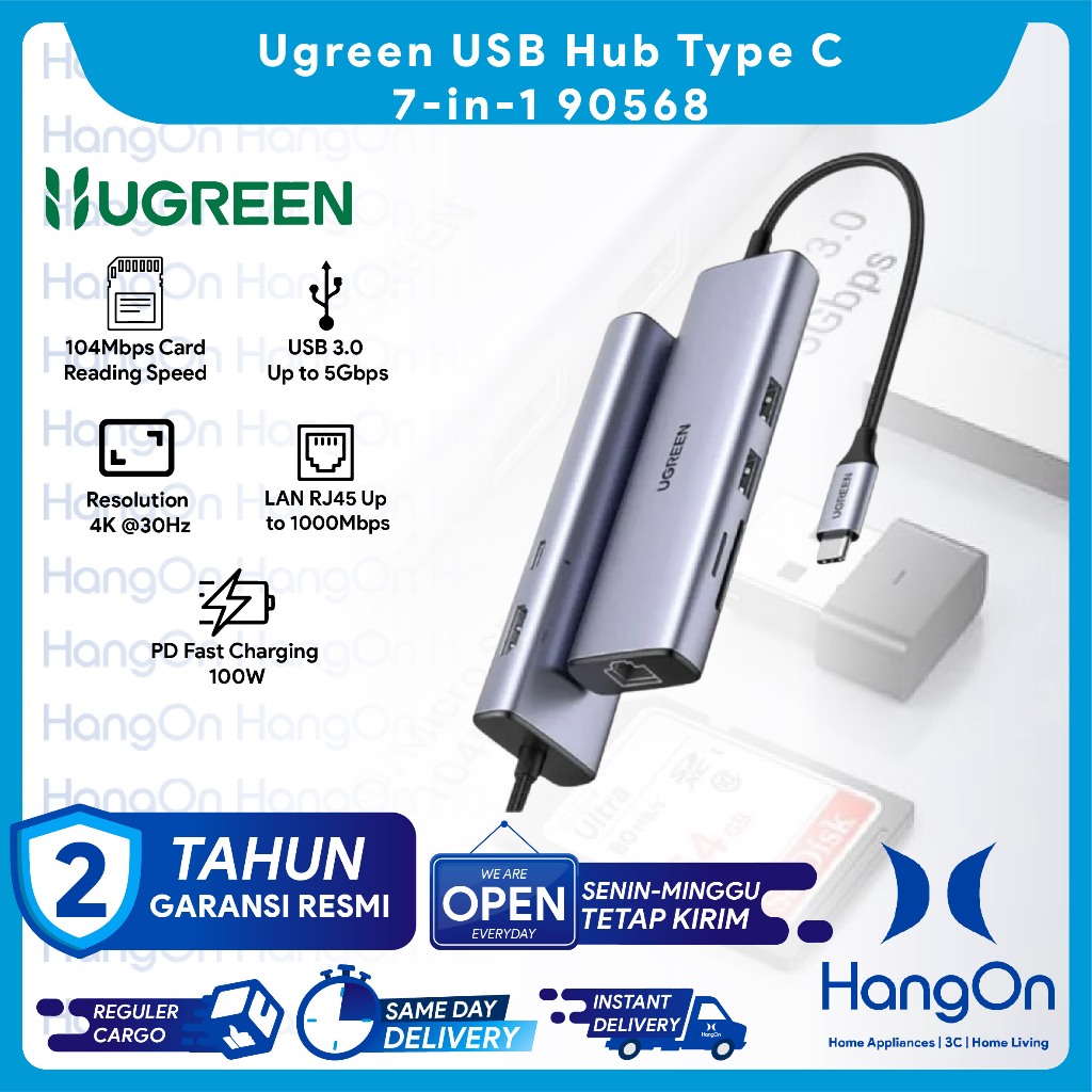 Jual Ugreen 90568 USB Hub Adapter 7-in-1 Type C to USB-A With Ethernet LAN Network 1000Mbps 4K ...
