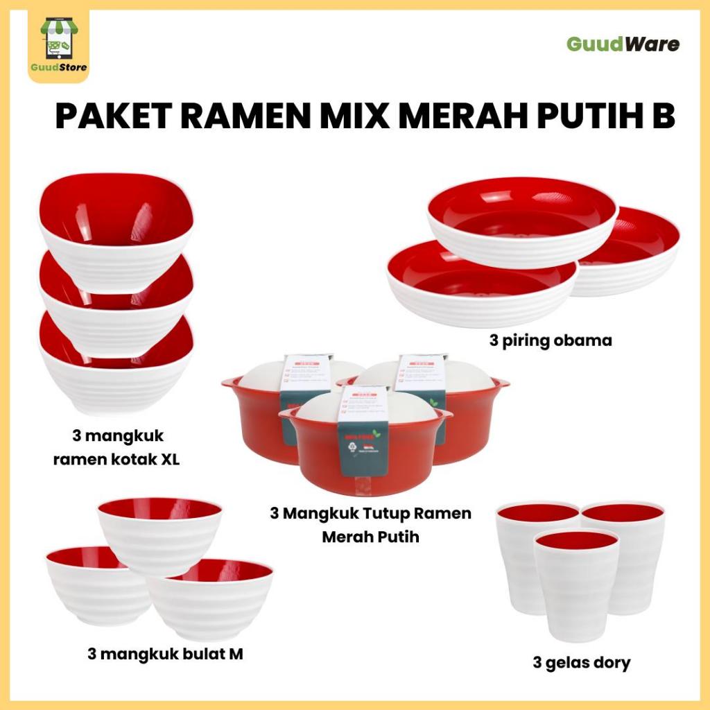 Jual 12 Pcs set Paket Ramen mix merah putih / piring mangkuk Ramen ...