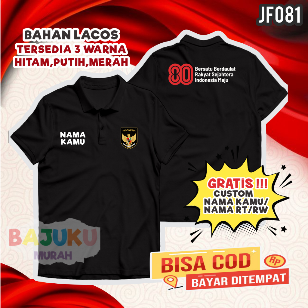 Jual JF081 Kaos Kerah Polo T-shirt Panitia Hut RI ke 80 logo resmi official gratis custom nama ...