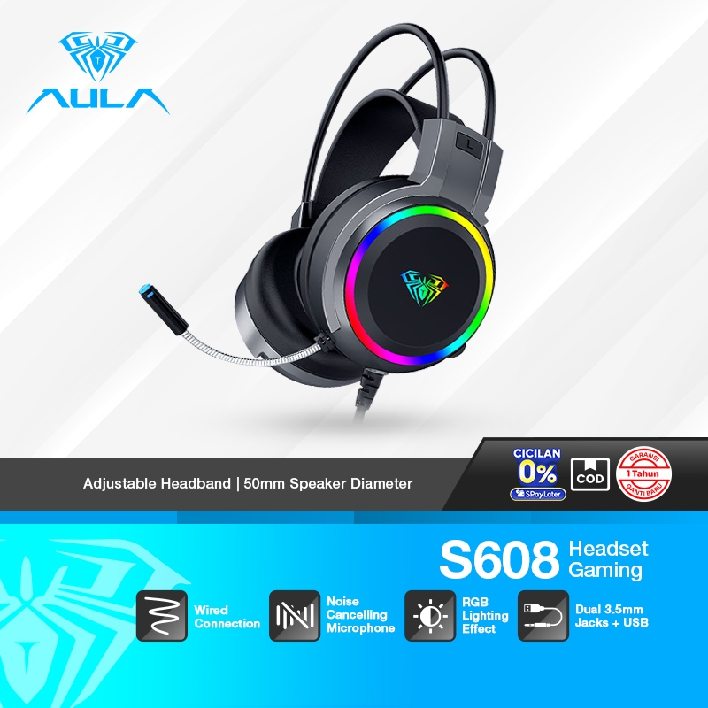 Jual AULA Headphone Gaming Wired RGB Lite S608 Gaming Headphone With Adjustable Microphone ...