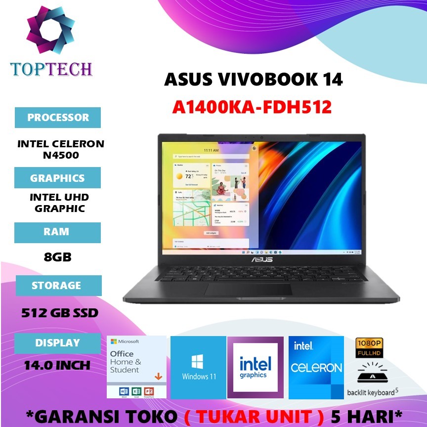 Jual ASUS VIVOBOOK 14 A1400KA N4500 RAM 8GB 512GB SSD W11+OHS 14.0FHD ...