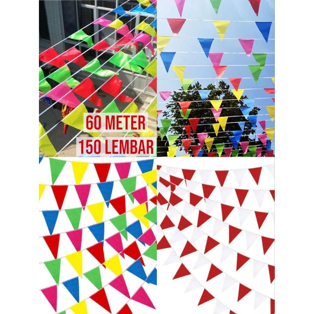 Jual 60 Meter 150 Lembar Bendera segitiga dan segiempat merah putih dan bendera warna warni ...